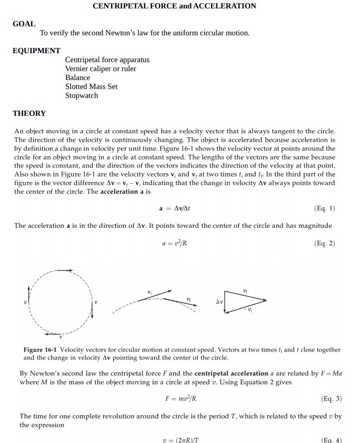 Solved CENTRIPETAL FORCE and ACCELERATION GOAL To verify the | Chegg.com