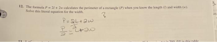 Solved 3. 12. The formula P = 2 + 2w calculates the | Chegg.com