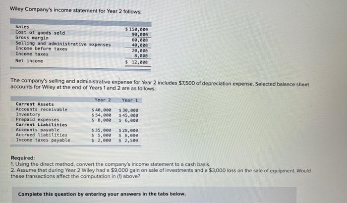 Solved Wiley Company's income statement for Year 2 follows: | Chegg.com