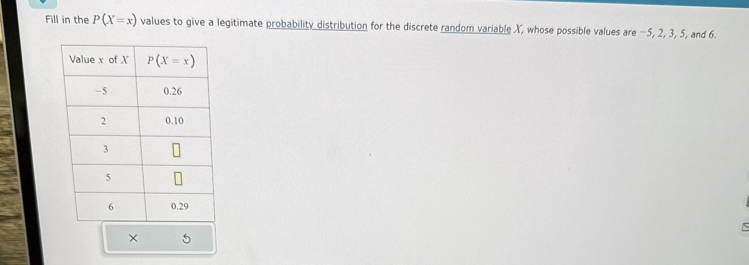Solved Fill in the P(x=x) ﻿values to give a legitimate | Chegg.com