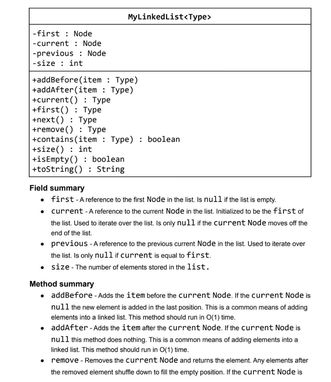 Solved MyLinkedList -first : Node -current : Node -previous | Chegg.com