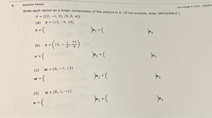 Solved Question Details Write each vector as a linear | Chegg.com