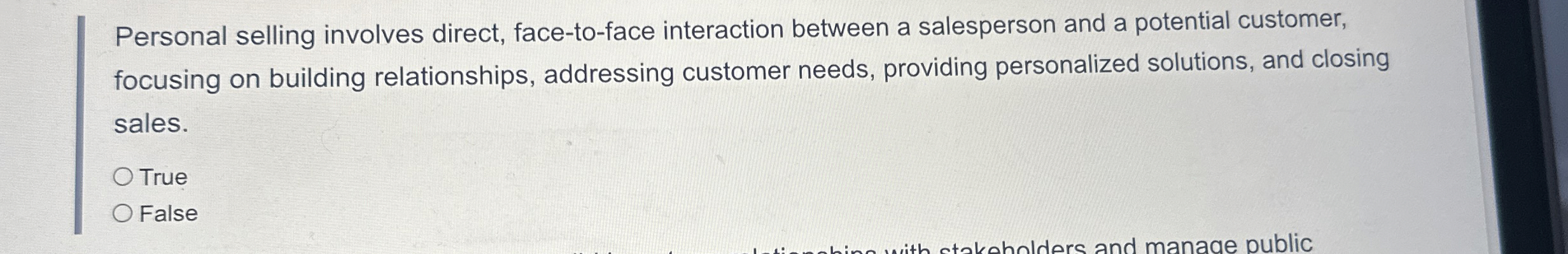 Solved Personal selling involves direct, face-to-face | Chegg.com