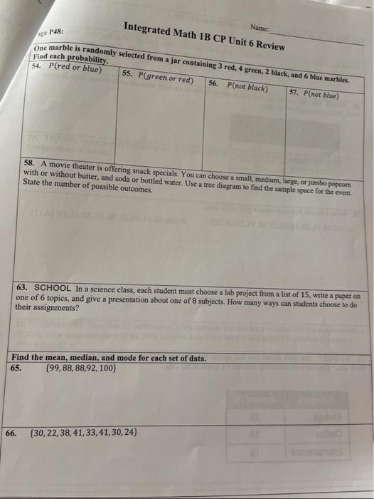 Solved Name Integrated Math 1B CP Unit 6 Review pe P48: One | Chegg.com