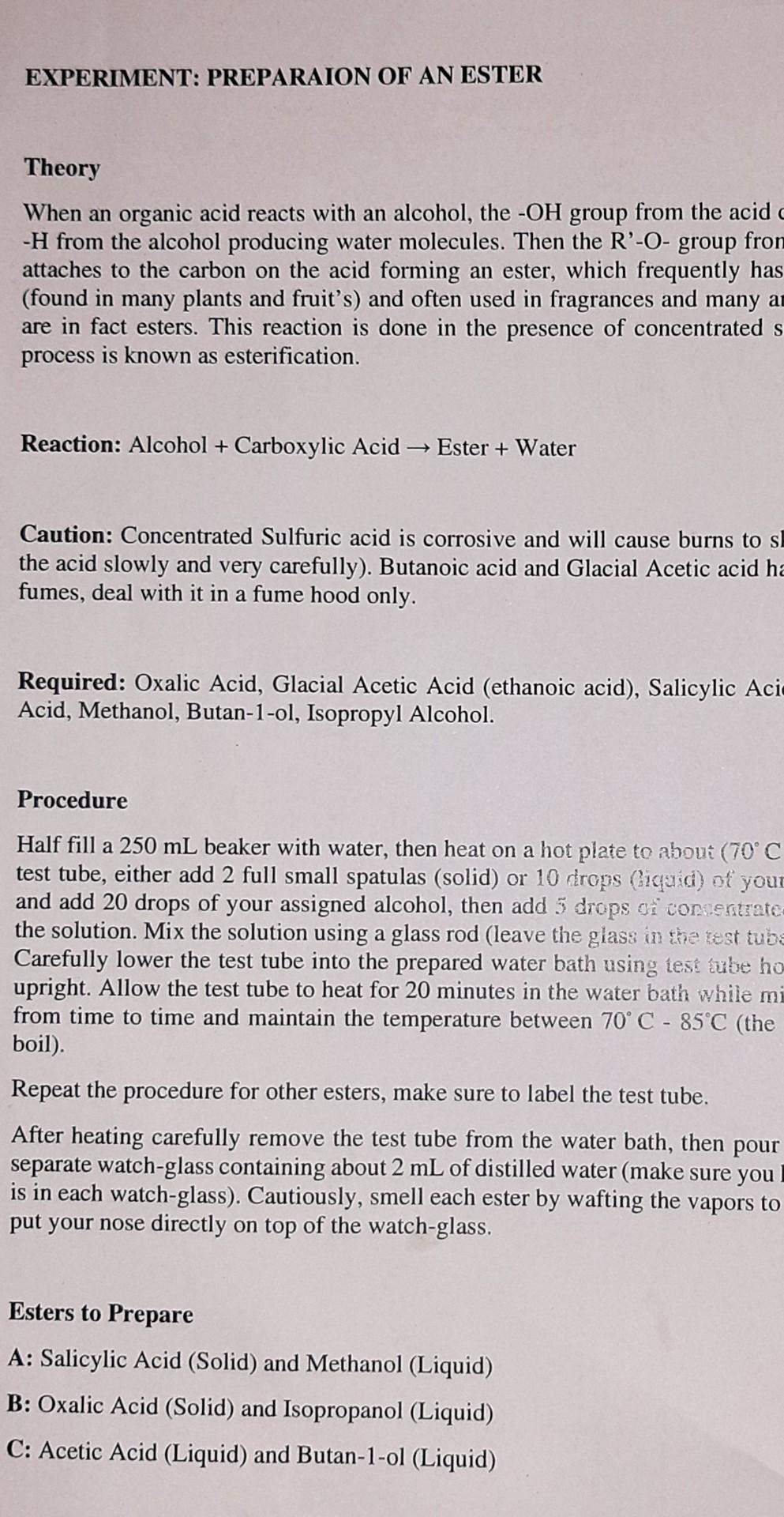 Solved EXPERIMENT: PREPARAION OF AN ESTER Theory When an | Chegg.com