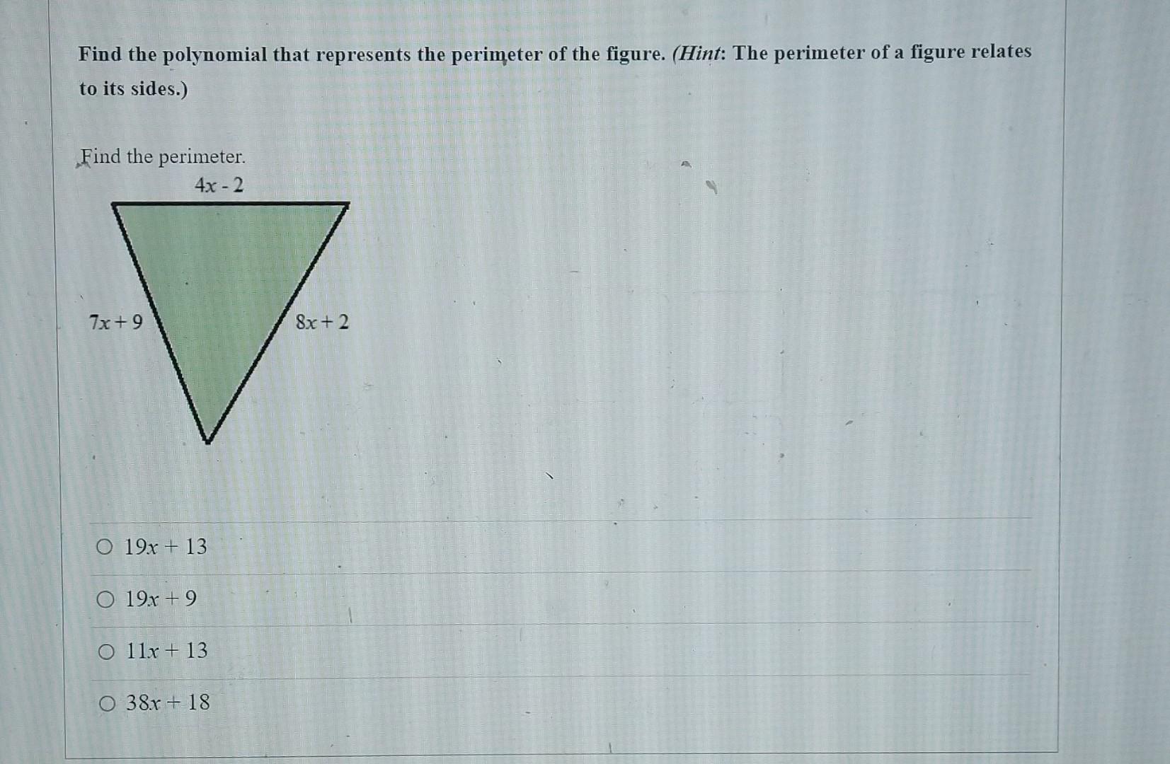 Solved Find the polynomial that represents the perimeter of | Chegg.com