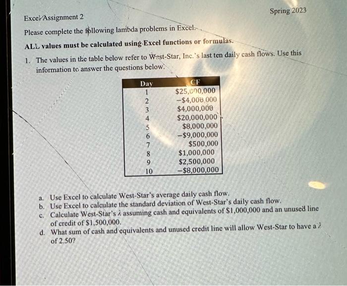Solved Exce/Assignment 2 Please complete the following | Chegg.com