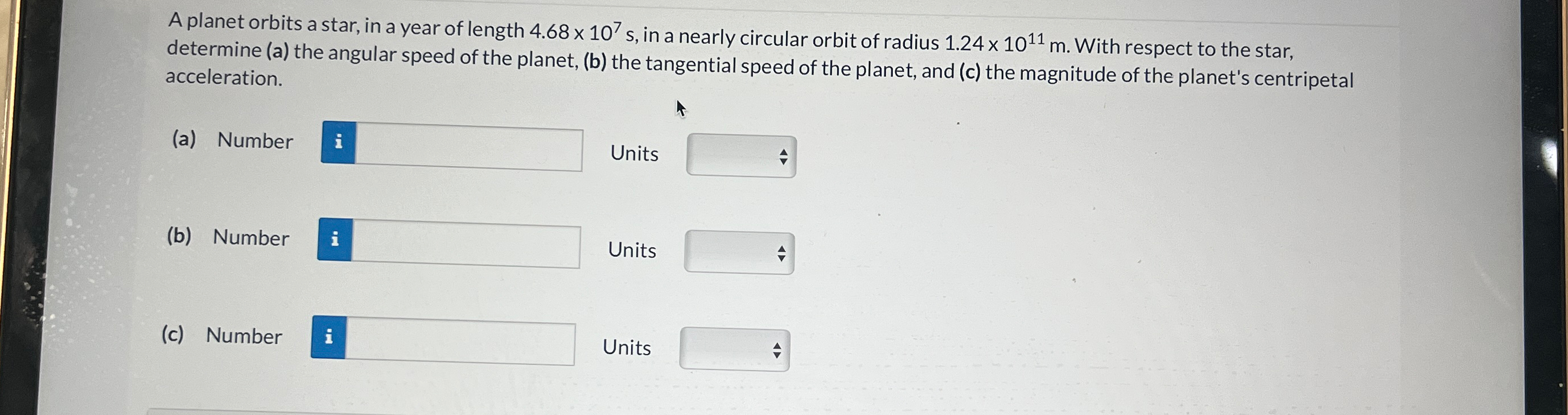 Solved A planet orbits a star, in a year of length | Chegg.com