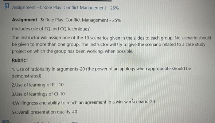 Solved 3 Assignment -3: Role Play: Conflict Management - 25% | Chegg.com