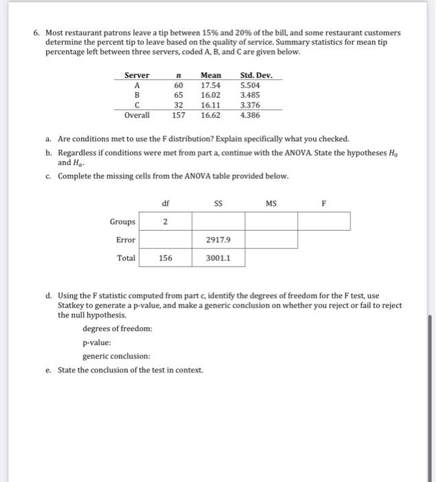 Solved 6. Most restaurant patrons leave a tip between 15% | Chegg.com