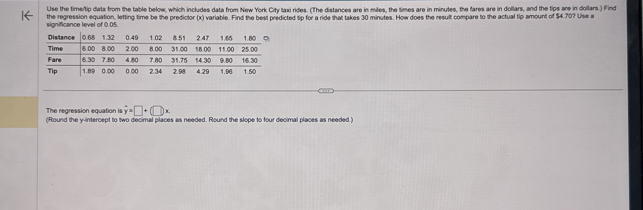 Solved Use the time/tip data from the table below, which | Chegg.com