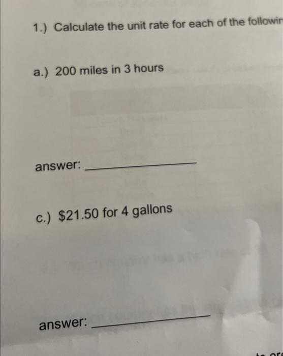 Solved 1.) Calculate the unit rate for each of the followir | Chegg.com