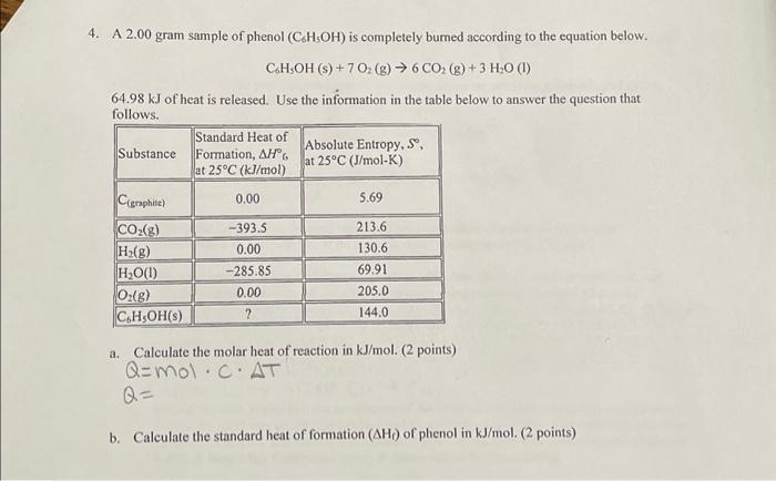 Solved 4. A 2.00 gram sample of phenol (C6H5OH) is | Chegg.com