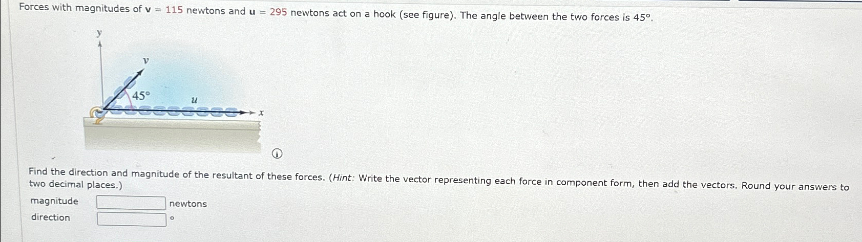 Solved Forces with magnitudes of v=115 ﻿newtons and u=295 | Chegg.com
