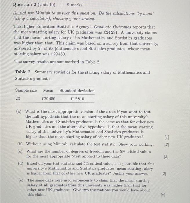 Solved Question 2 (Unit 10) - 9 marks Do not use Minitab to | Chegg.com