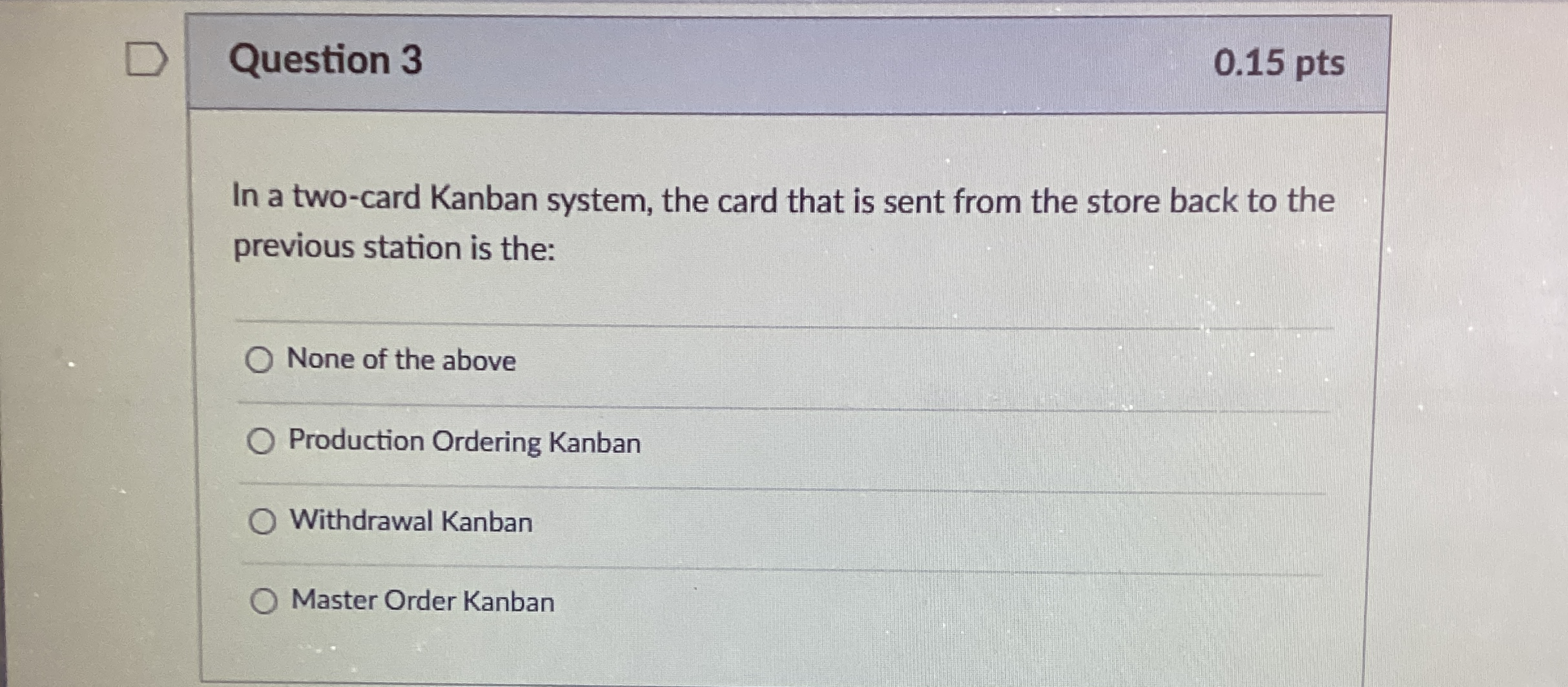 Solved Question 30.15 ﻿ptsIn a two-card Kanban system, the | Chegg.com