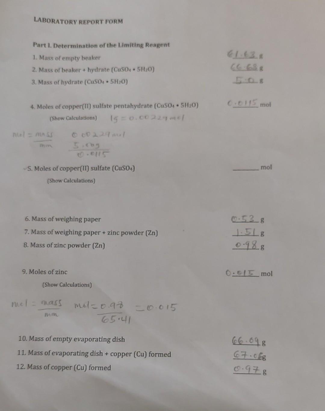 Solved Part 1. Determination of the Limiting Reagent 1. Mass | Chegg.com