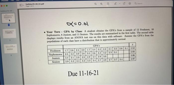 Solved α=0.01 - Your Turn - GPA by Class: A student obtains | Chegg.com