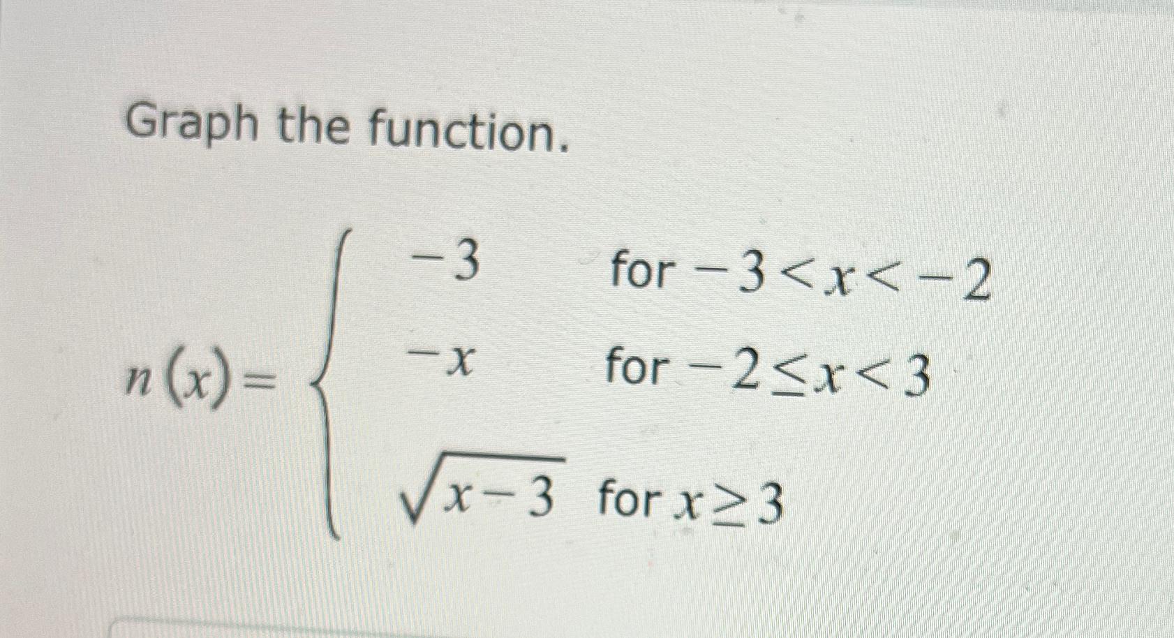 Solved Graph the function.n(x)={-3 for -3=3 | Chegg.com
