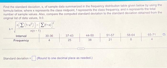 Solved Find the standard deviation, s, of sample data | Chegg.com
