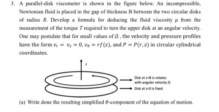 Solved 3. A parallel-disk viscometer is shown in the figure | Chegg.com