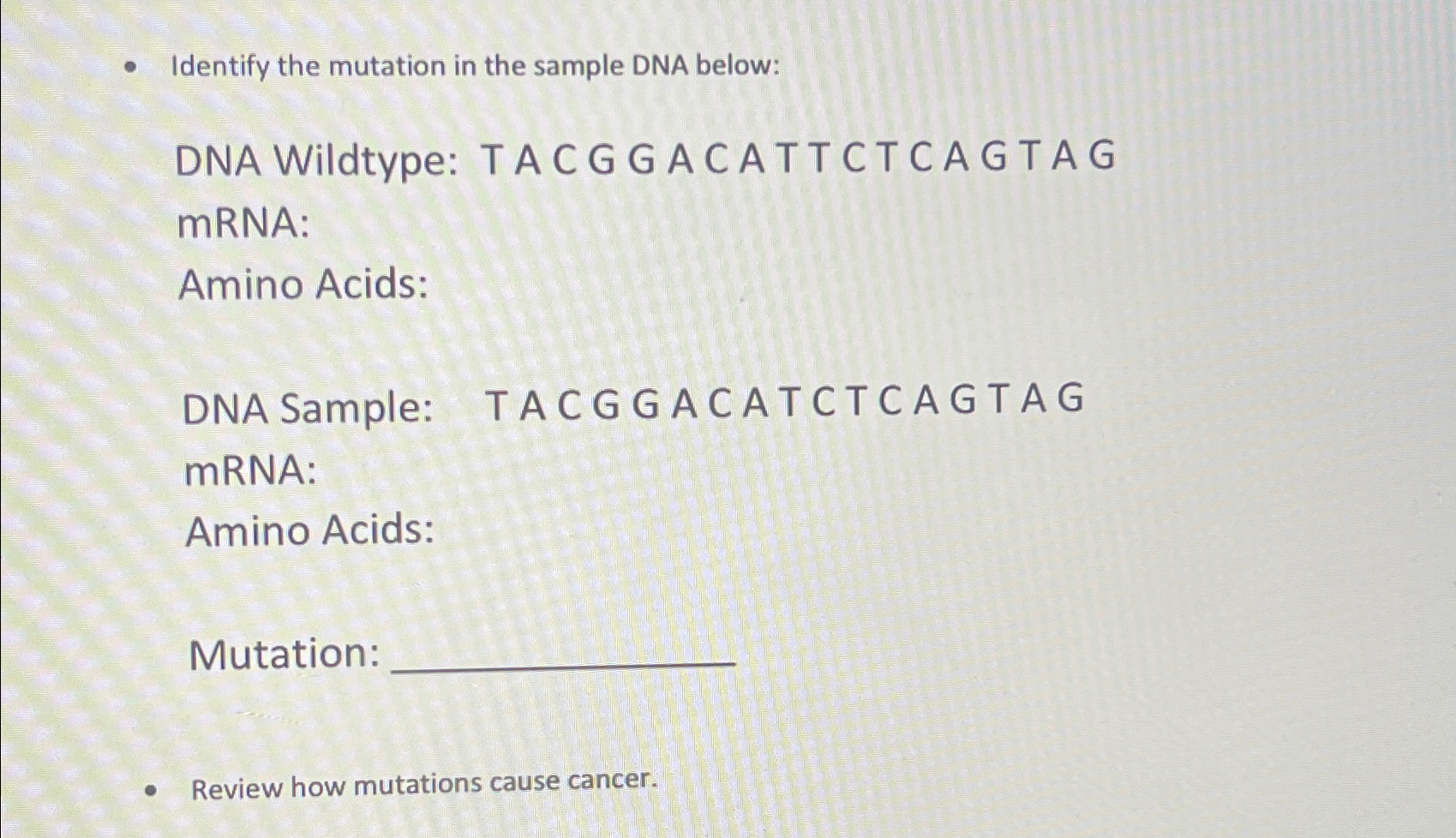 Solved Identify the mutation in the sample DNA below:DNA | Chegg.com