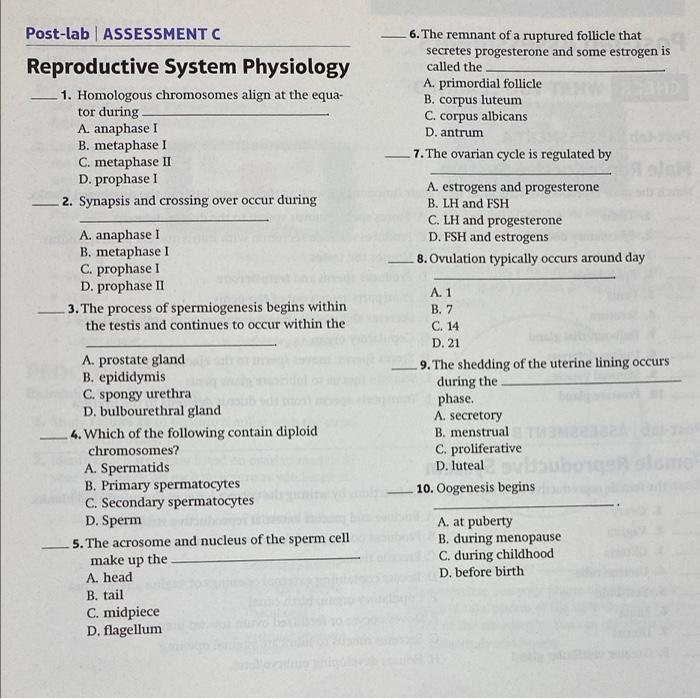Solved Post-lab ASSESSMENT C Reproductive System Physiology | Chegg.com
