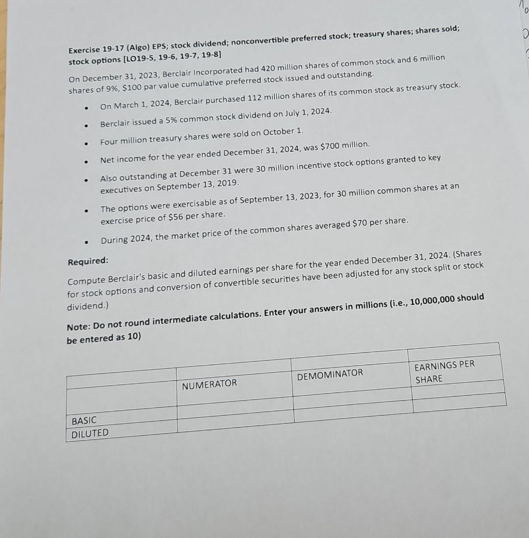 Solved Exercise 19-17 (Algo) EPS; stock dividend; | Chegg.com