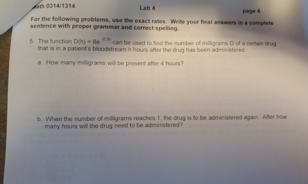 Solved Math 0314/1314 Lab 4 page 4 For the following | Chegg.com