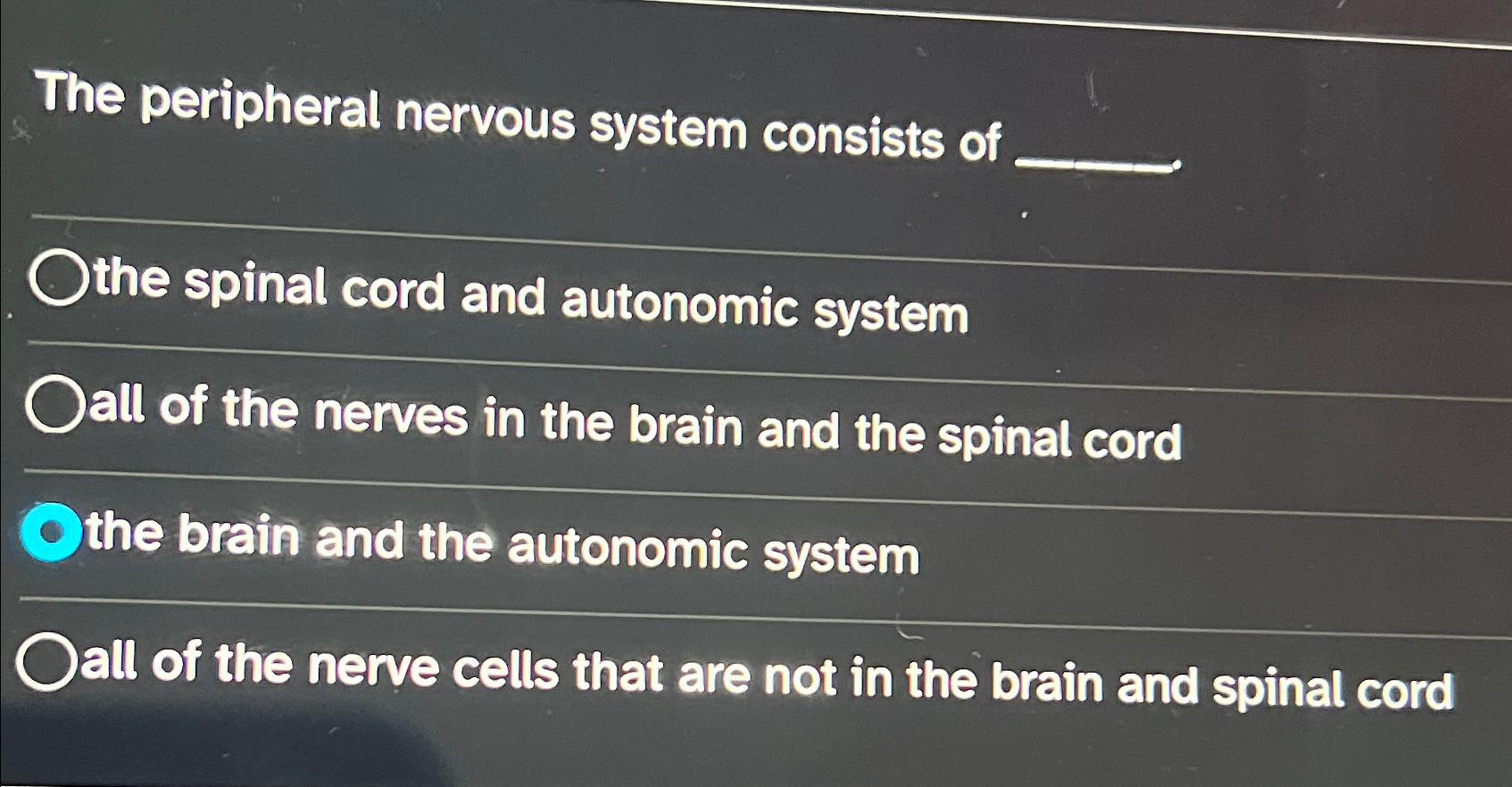 Solved The peripheral nervous system consists ofOthe spinal | Chegg.com