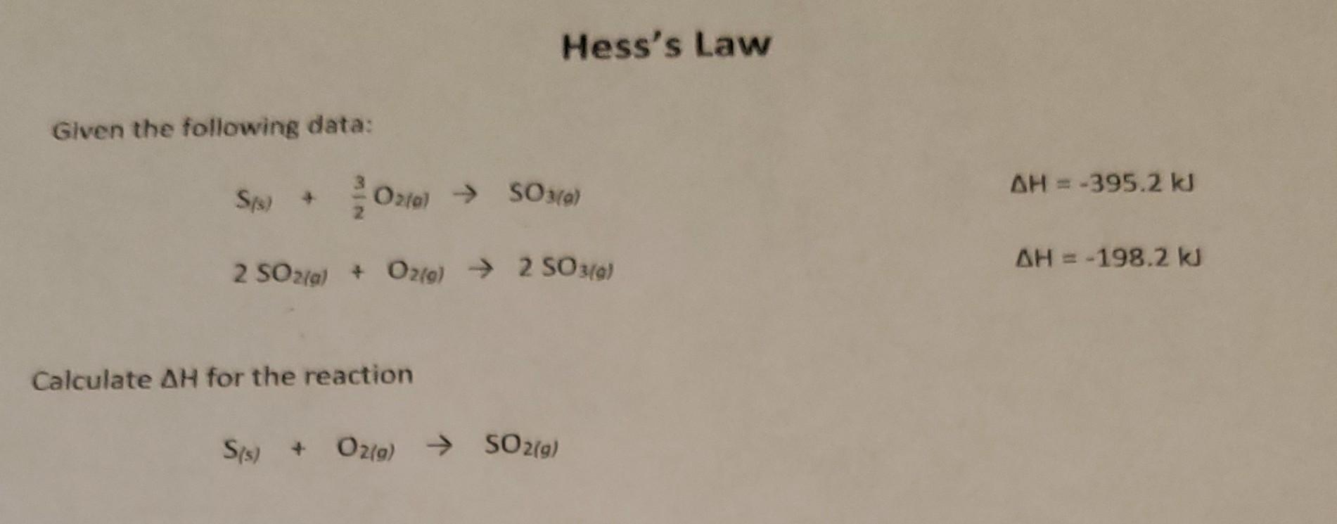 Solved Hess's Law Given the following data: | Chegg.com
