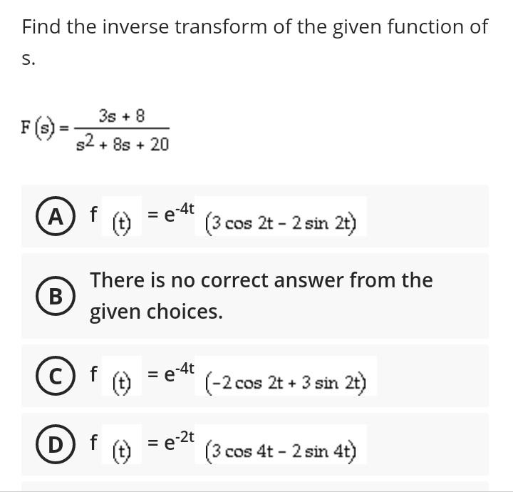Solved Find the inverse transform of the given function of | Chegg.com