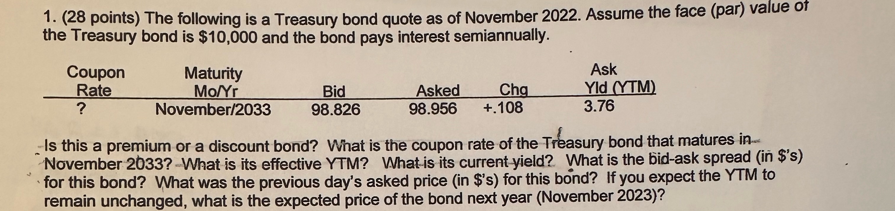 Solved (28 ﻿points) ﻿The following is a Treasury bond quote | Chegg.com