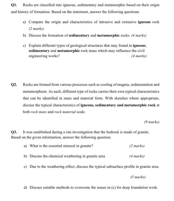 Solved Q1. Rocks are classified into igneous, sedimentary | Chegg.com