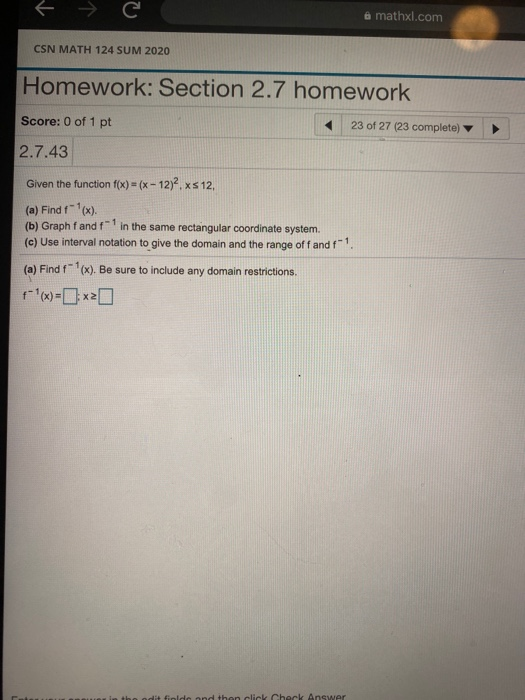 Solved → C e mathxl.com CSN MATH 124 SUM 2020 Homework: | Chegg.com