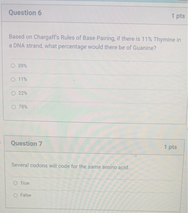 Solved Question 6 1 pts Based on Chargaff's Rules of Base | Chegg.com