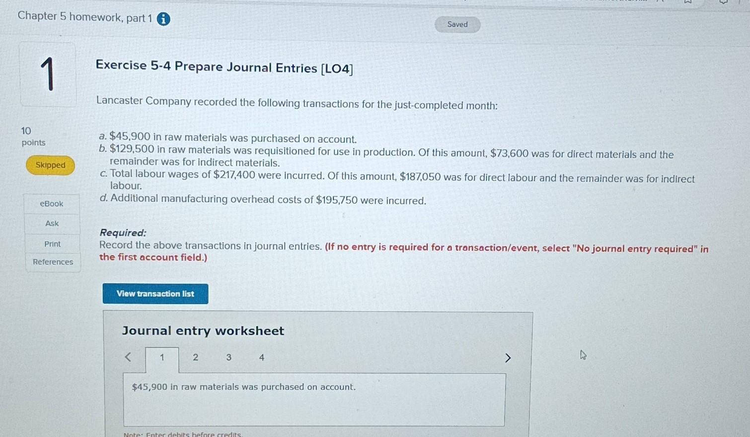 Solved Exercise 5-4 Prepare Journal Entries [LO4] Lancaster | Chegg.com