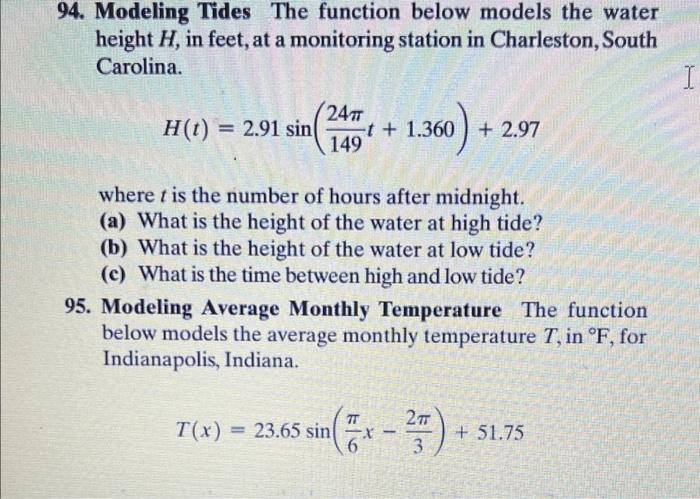 Solved 94. Modeling Tides The function below models the | Chegg.com