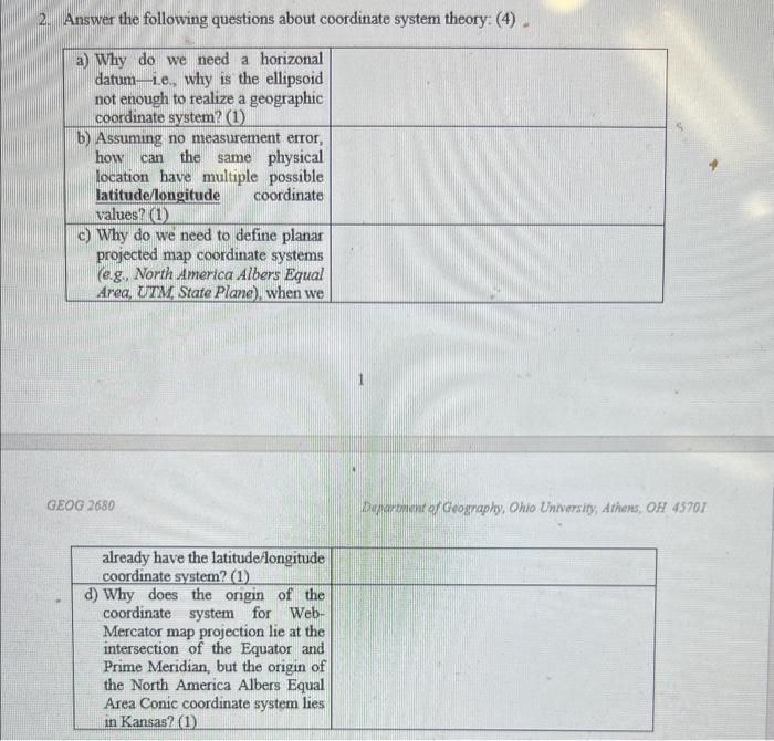 Solved 2. Answer the following questions about coordinate | Chegg.com
