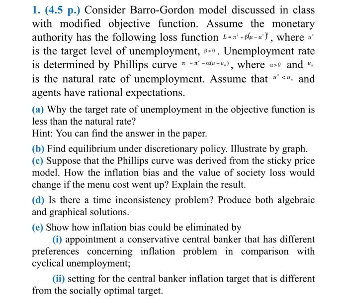 1. (4.5 p.) Consider Barro-Gordon model discussed in | Chegg.com