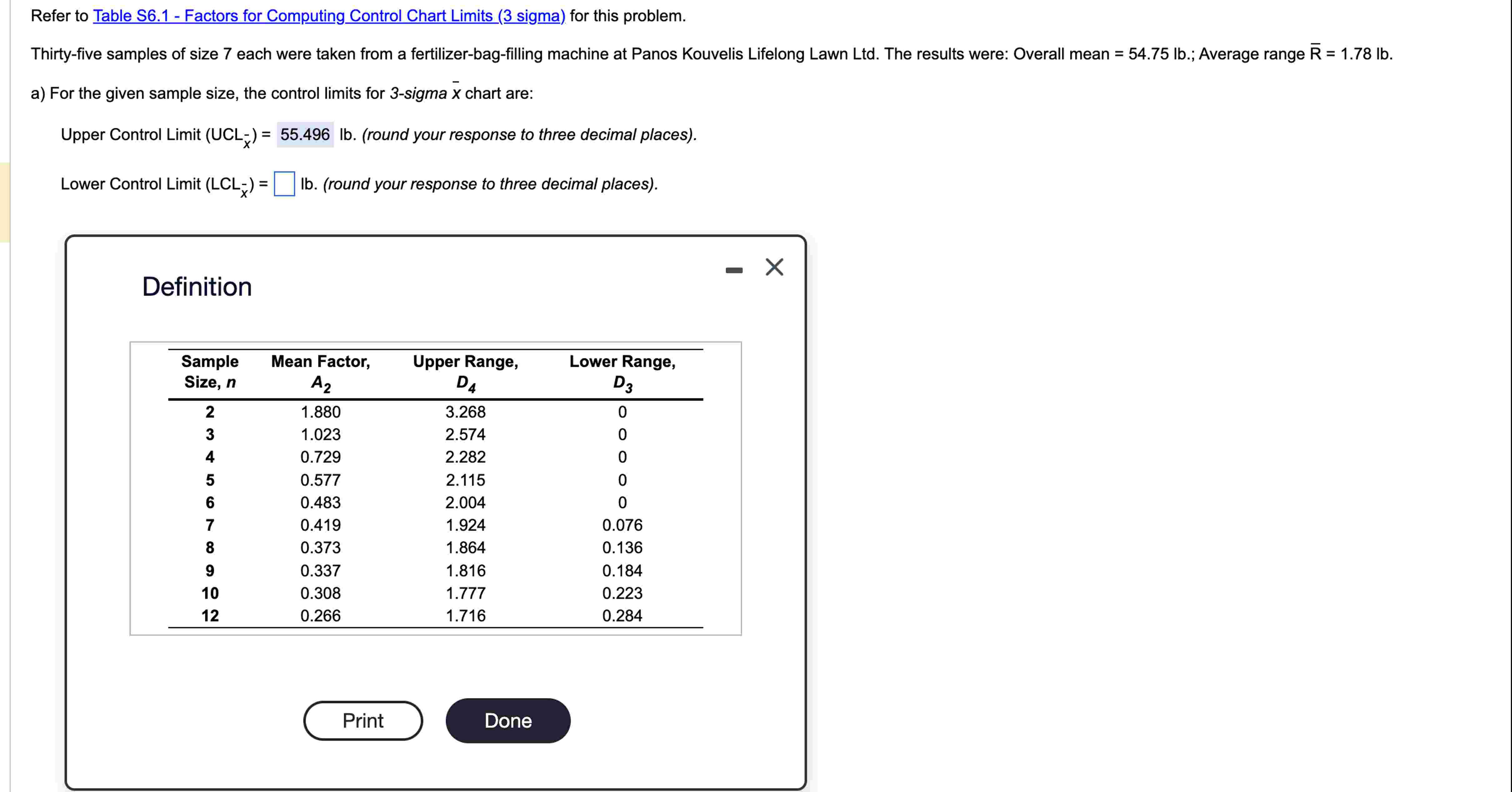 Solved Refer to Table S6.1 - ﻿Factors for Computing Control | Chegg.com