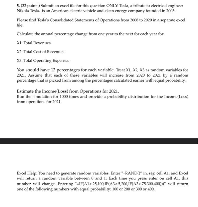 Solved 5. (32 points) Submit an excel file for this question | Chegg.com