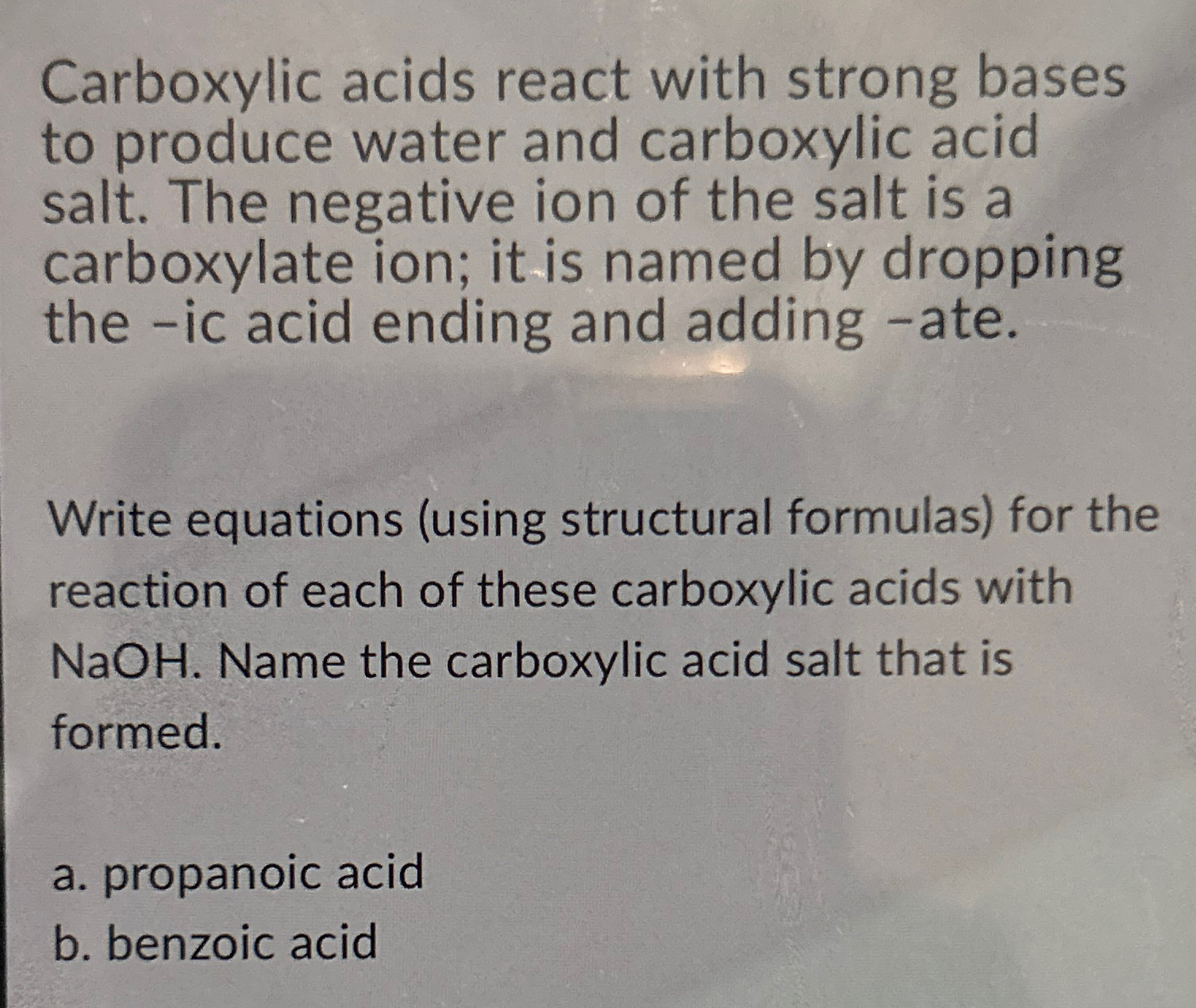 Solved Carboxylic acids react with strong bases to produce | Chegg.com