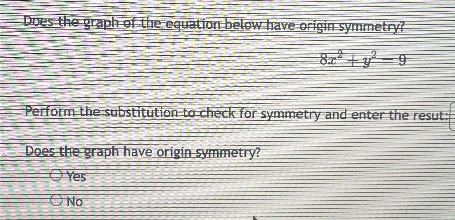 Solved Does the graph of the equation below have origin | Chegg.com