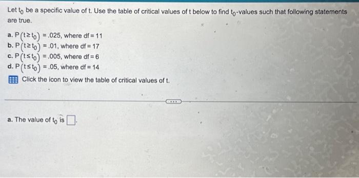 Solved Let t0 be a specific value of t. Use the table of | Chegg.com