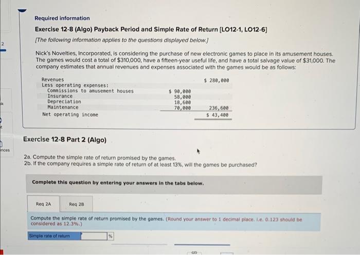 Solved Required information Exercise 12-8 (Algo) Payback | Chegg.com