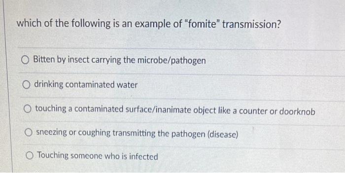 Solved which of the following is an example of "fomite" | Chegg.com