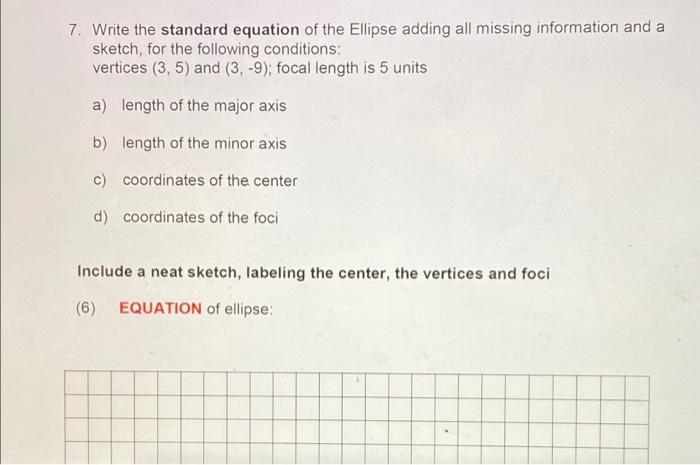 Solved 7. Write the standard equation of the Ellipse adding | Chegg.com