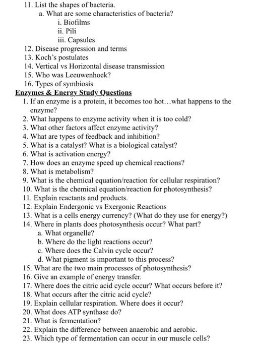 Solved 11. List the shapes of bacteria. a. What are some | Chegg.com
