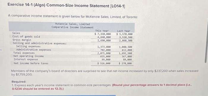 Solved Exercise 14-1 (Algo) Common-Size Income Statement | Chegg.com